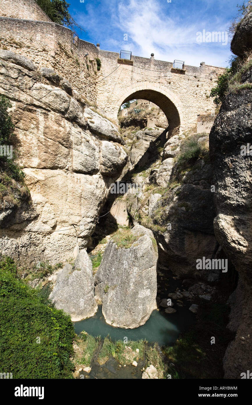 Puente Viejo old bridge and river Guadalevin Ronda Malaga Andalucia ...