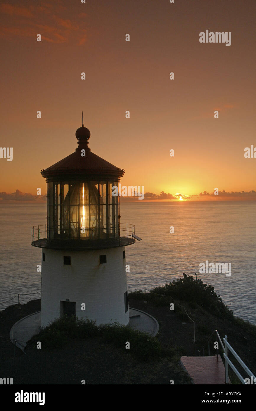 Makapuu pt. lighthouse at sunrise. Located along the southeast coast of ...