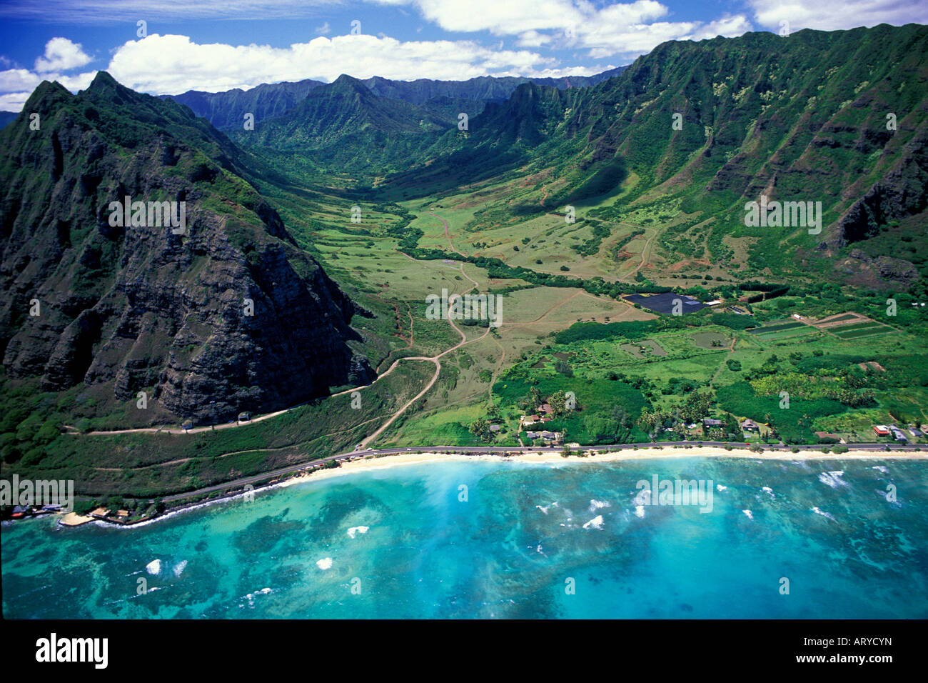 Aerial view of Haloa Ridge and Kaaawa Valley along Oahu's eastern ...