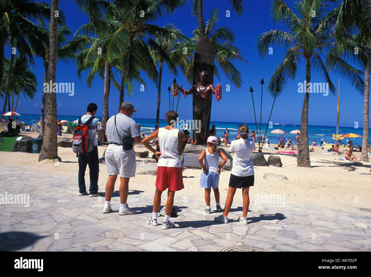 The statue of Hawaiian surfing legend Duke Kahanamoku stands in tribute ...