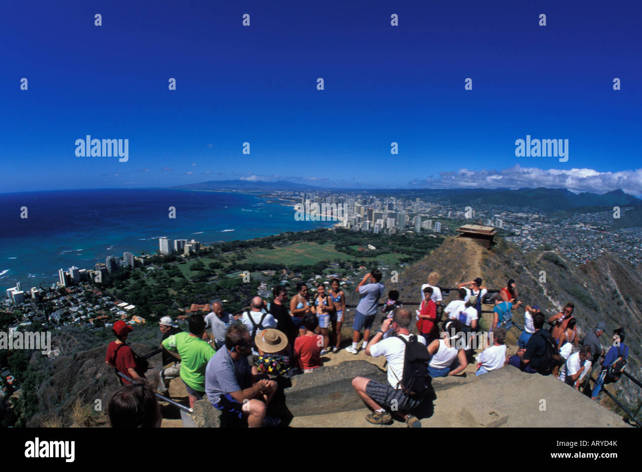 A spectacular panoramic view from atop Diamond Head Crater. Most of ...