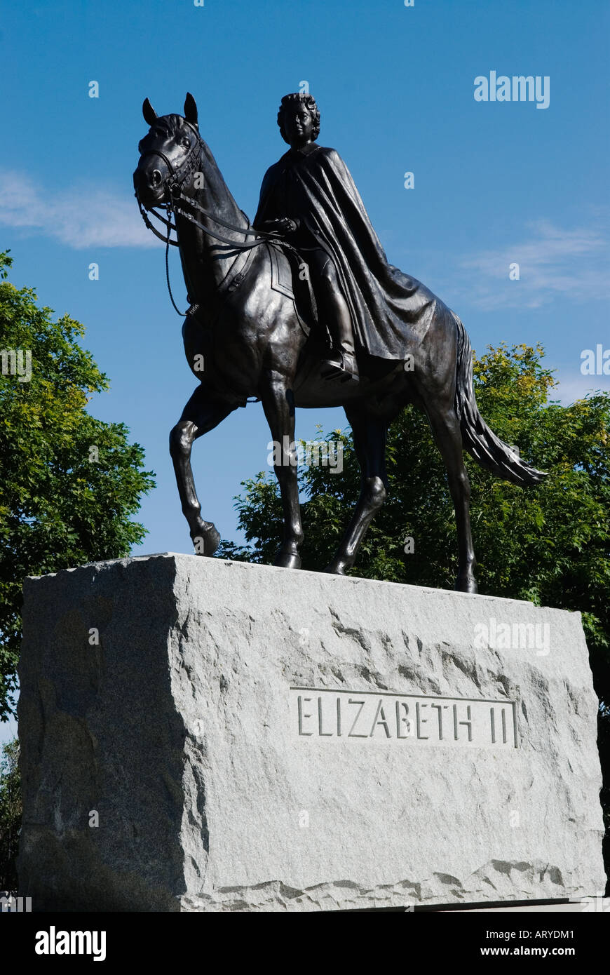Statue of Queen Elizabeth II mounted on a horse is located at the ...