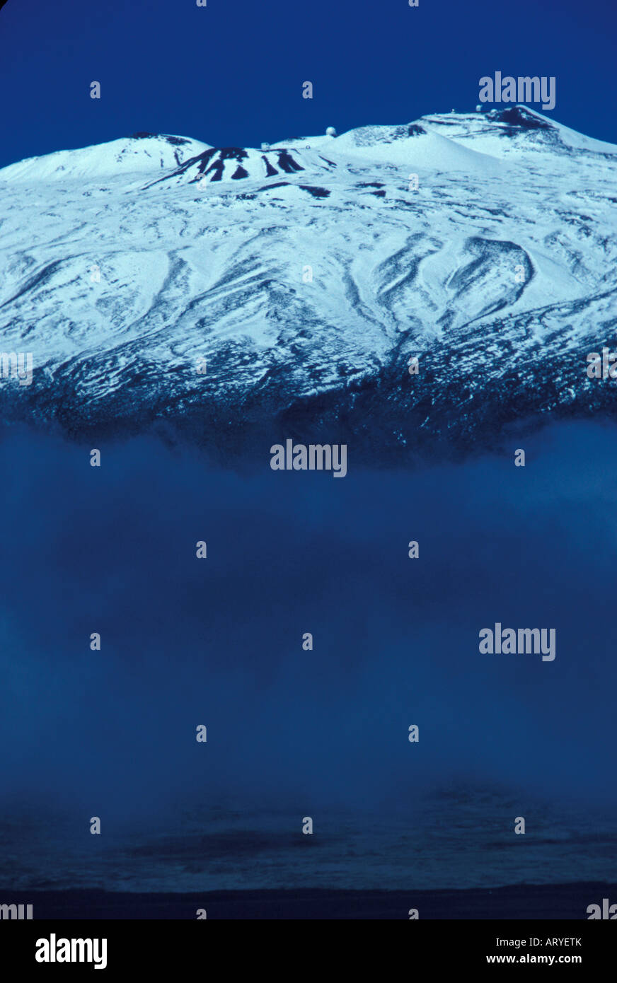 Mauna Kea, upper elevation with snow line, from Mauna Loa. Showing ...