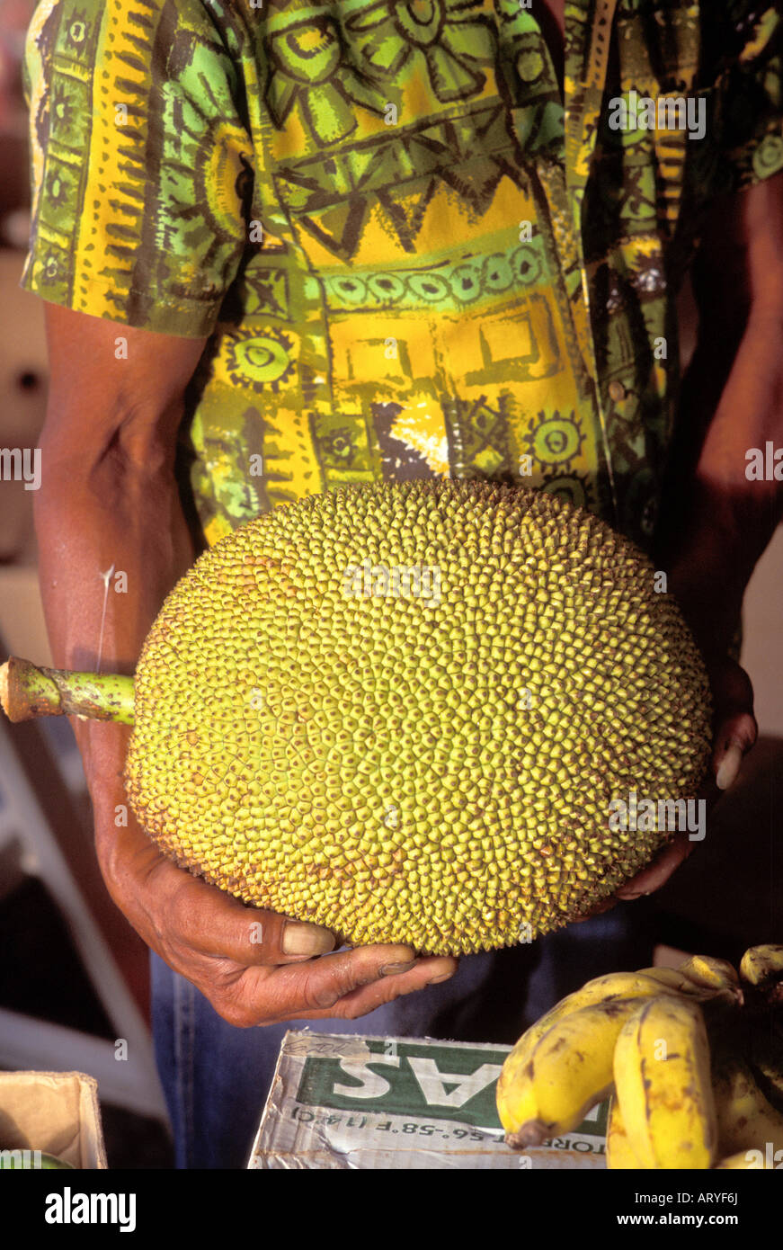 Fruit vendor in colorful shirt holding a jack fruit at the Hilo Open ...