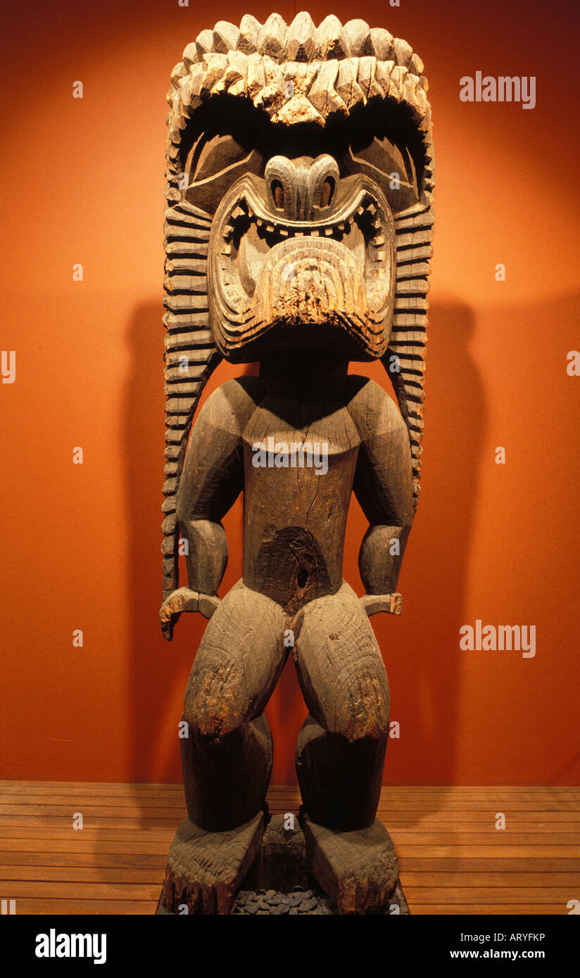 An ancient carving of Ku, one of the major Hawaiian gods, on display at ...
