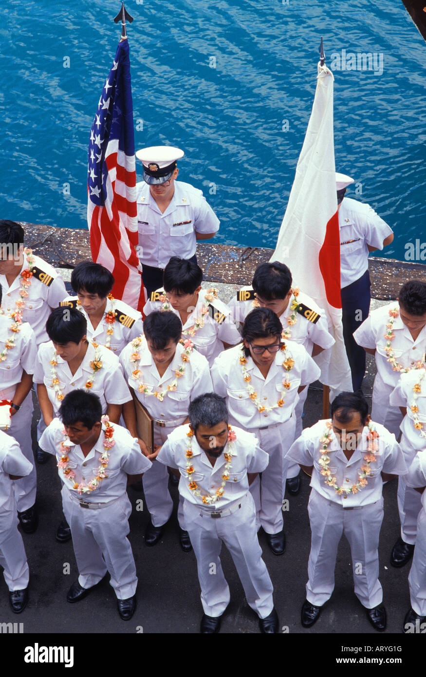Japanese soldiers wearing leis, during the arrival ceremonies for the ...