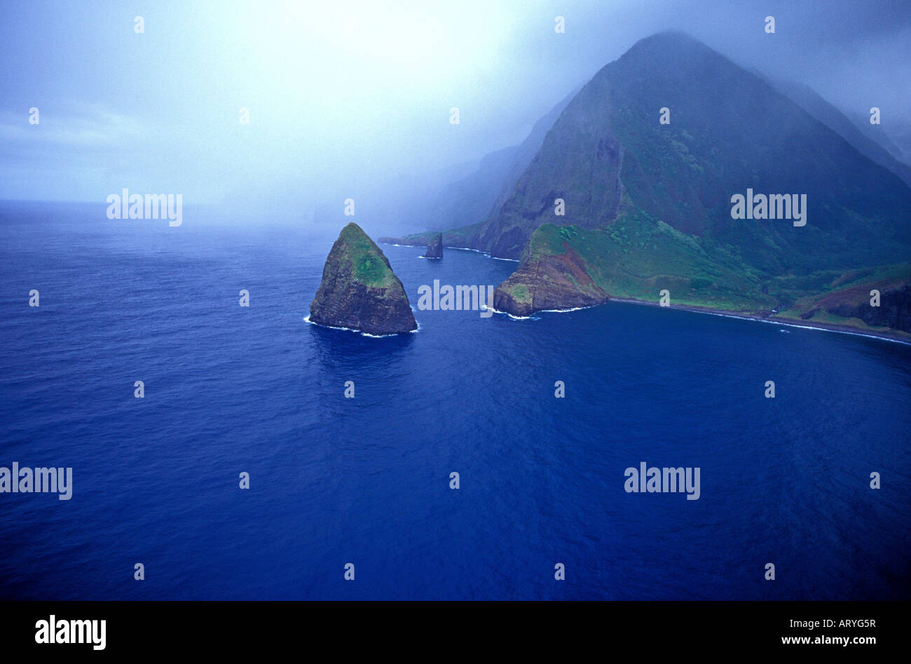 Aerial view looking east of the Kalaupapa peninsula, with Okala Island ...