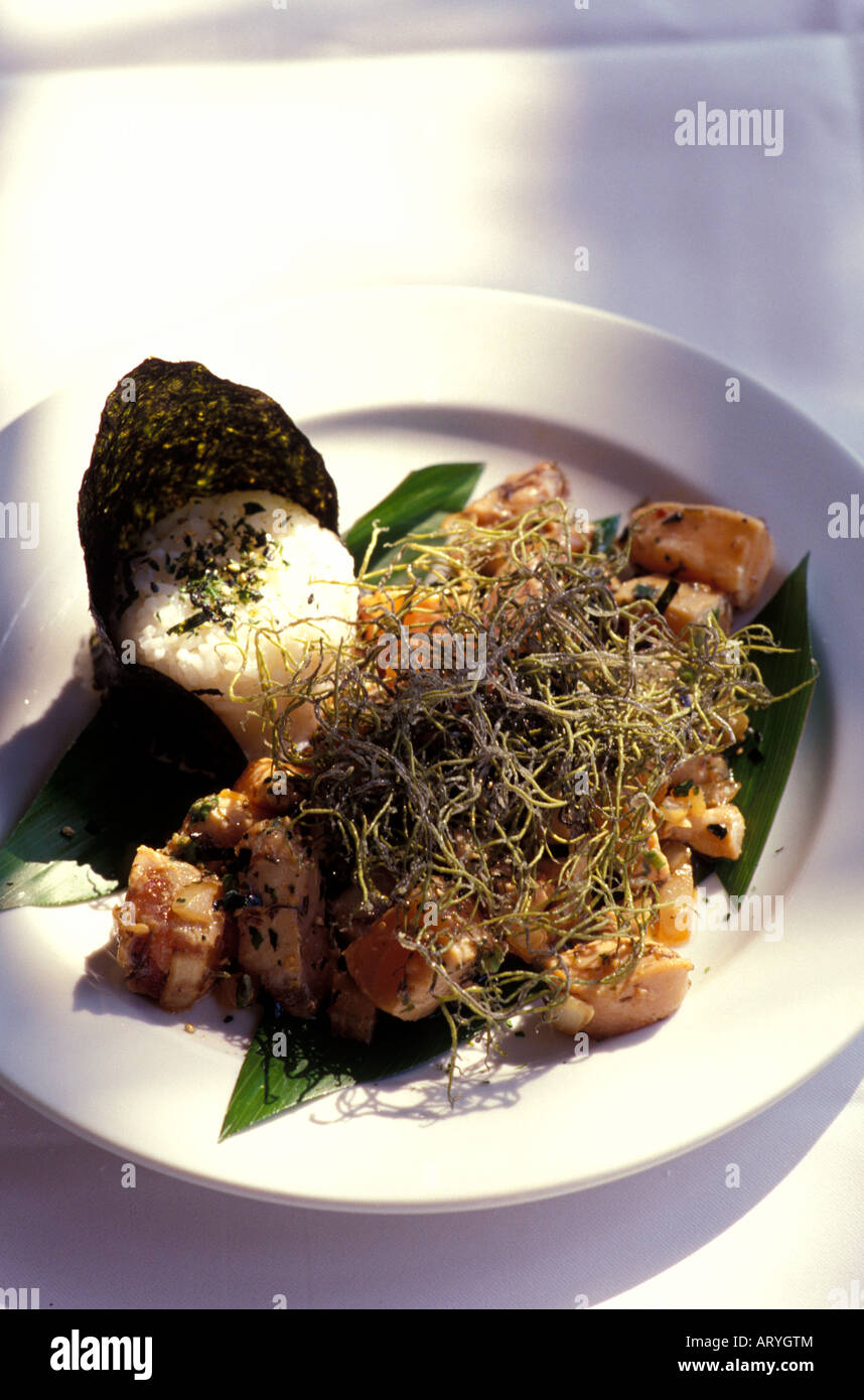 A presentation of fried poke, a chunked, marinated Hawaian-style fish ...