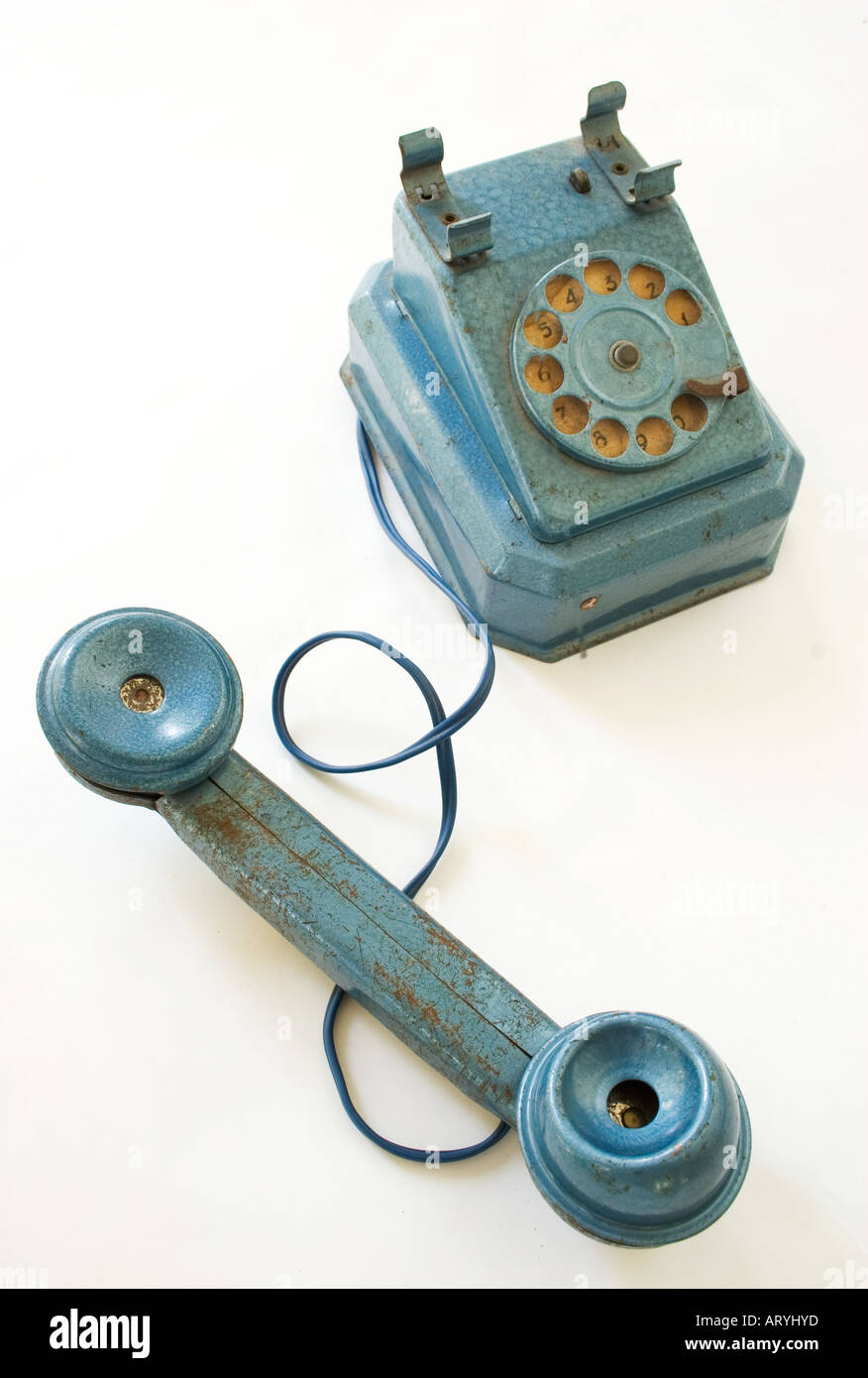 Blue antique tin toy telephone, with the receiver off the hook Stock ...