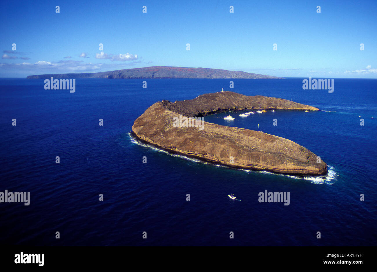Aerial of Molokini Island, a crescent shaped atoll in Maalaea Bay, off ...