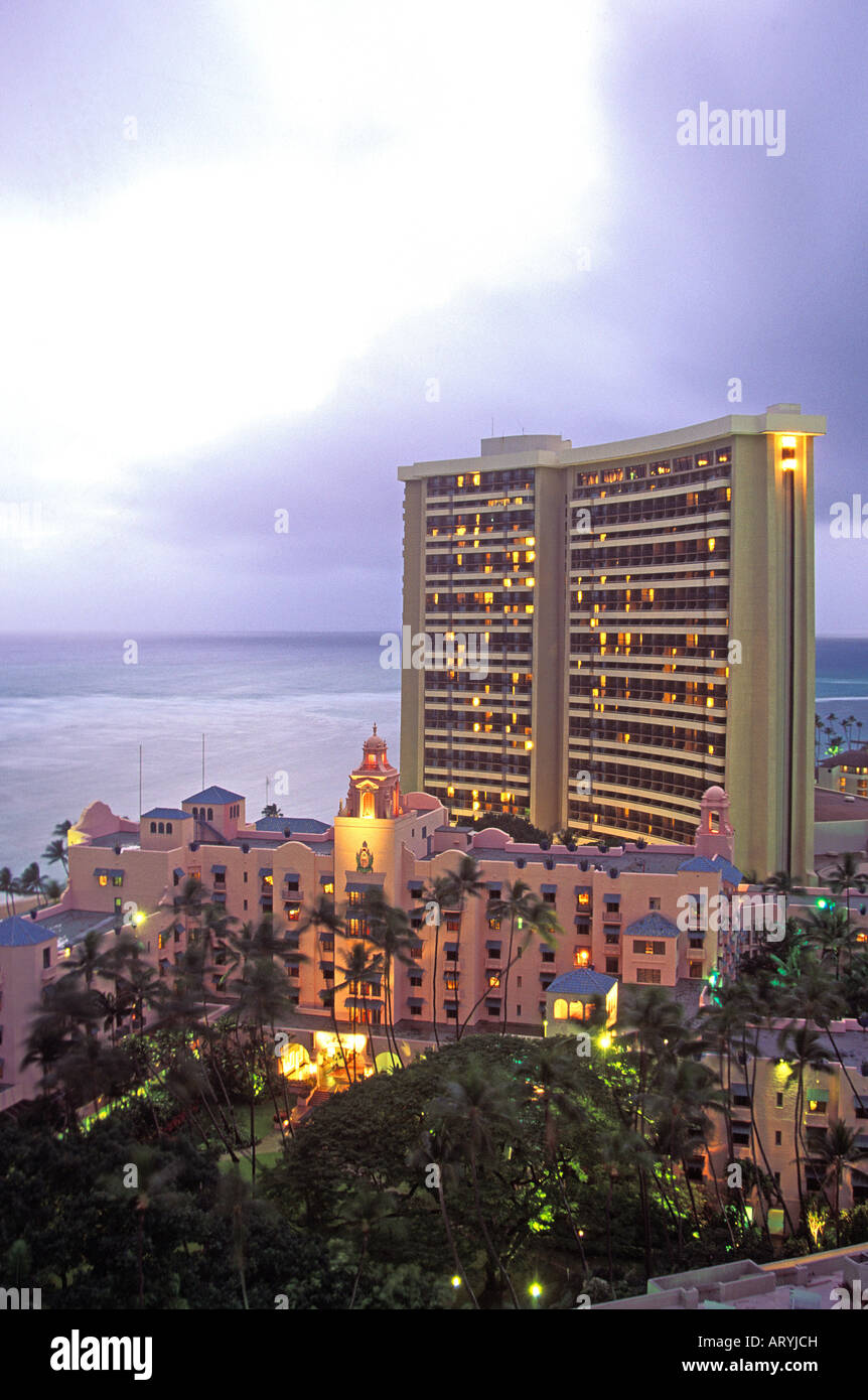 View from above of the Royal Hawaiian Hotel at dusk, with the Sheraton ...