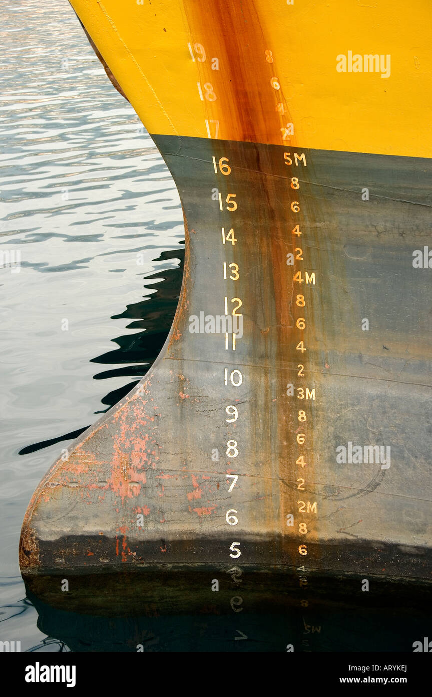 Close up of Depth gauge on dredger ship vessel at quayside Funchal ...