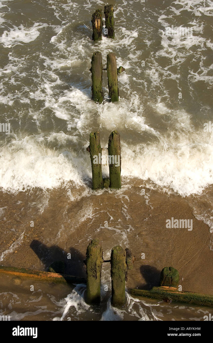 Groynes at Sandsend beach near Whitby North Yorkshire England UK United ...