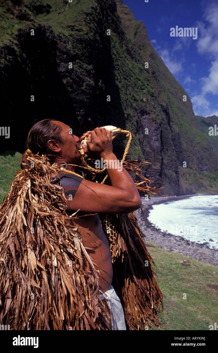 Hawaiian man blowing conch shell hi-res stock photography and images ...