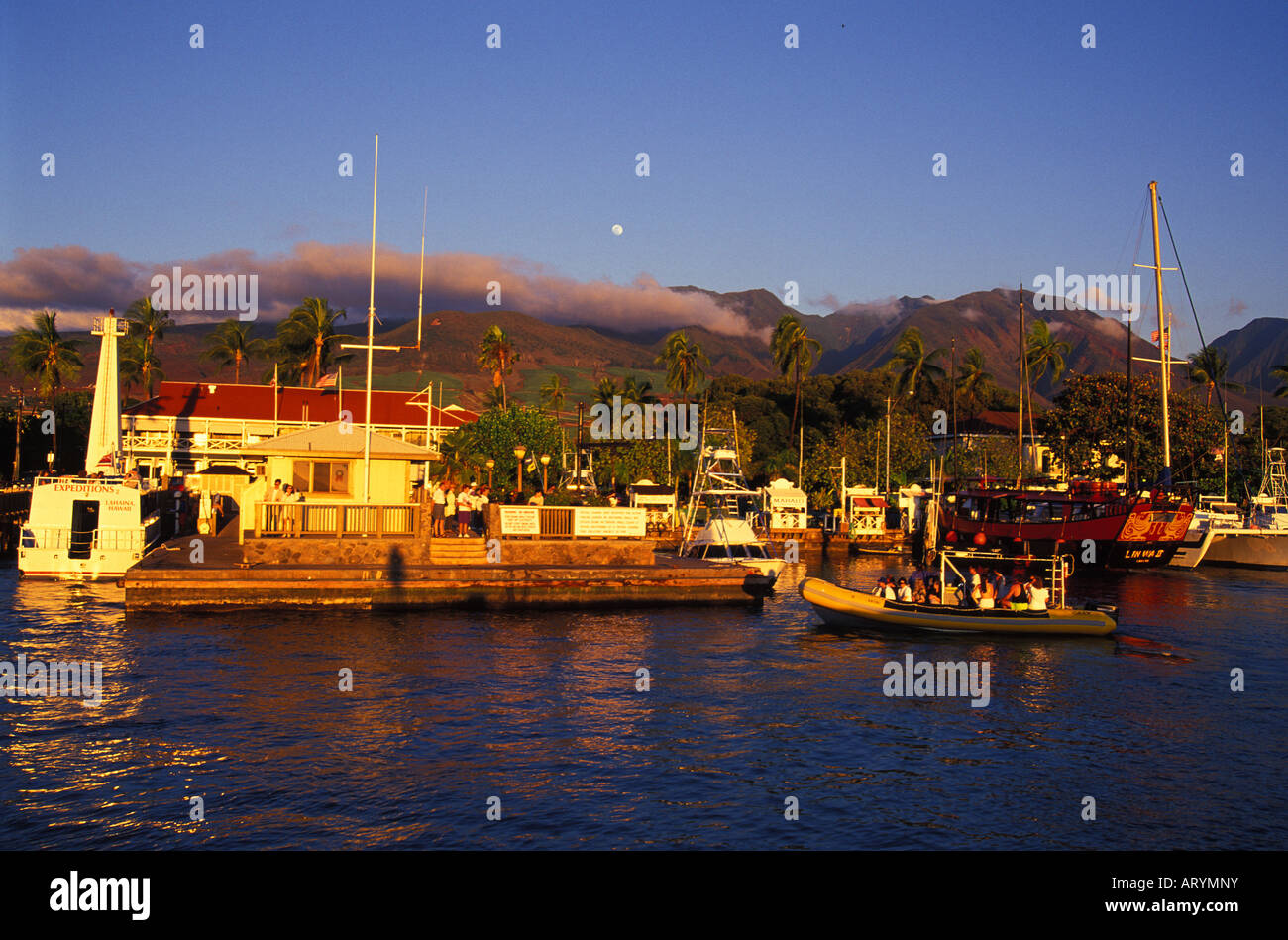 Lahaina harbor with a full moon above the West Maui Mountains. Tourists ...