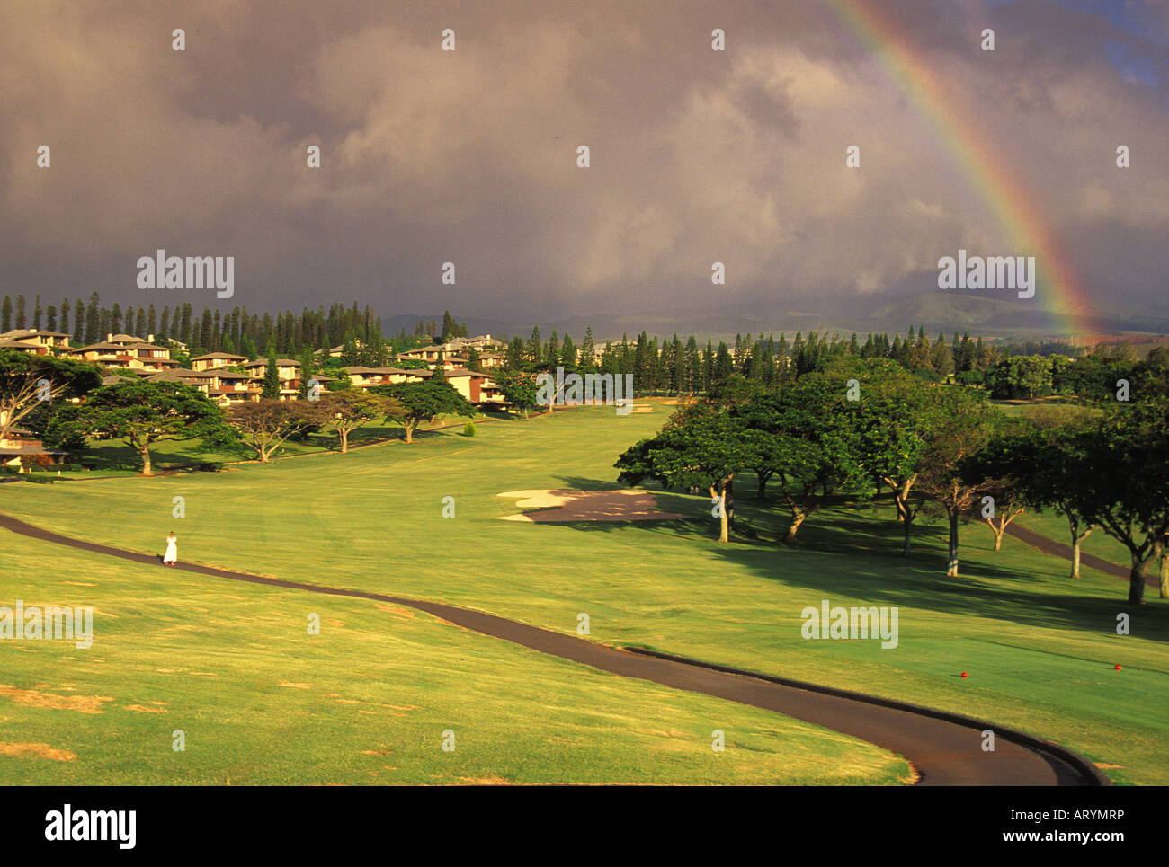 Woman walking on pathway with rainbow over Kapalua Bay Golf Course. The ...