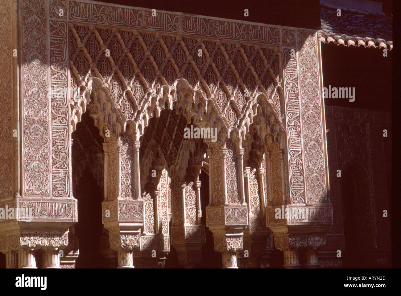 Spain. Granada. The Alhambra. Details of plasterwork in the Patio de ...