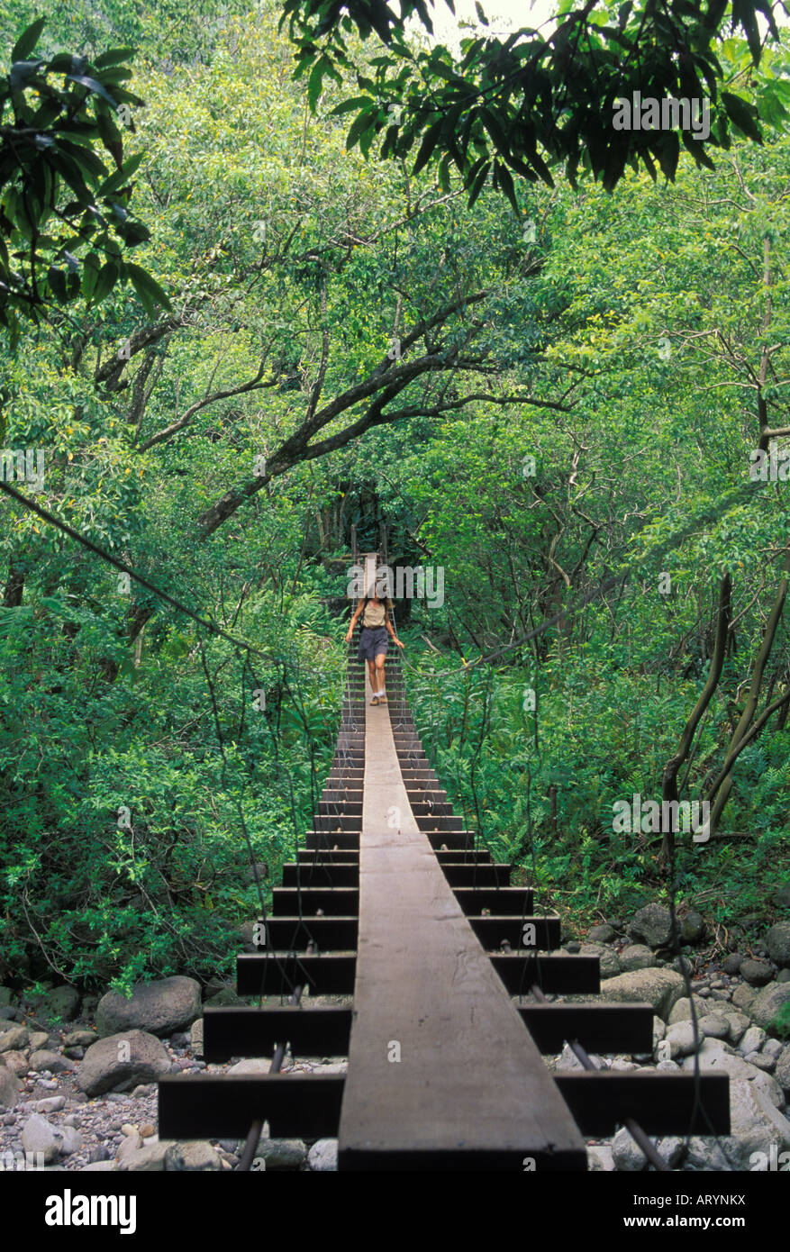 Woman walking on Chinese swing bridge during Waiehu Valley hike in the ...