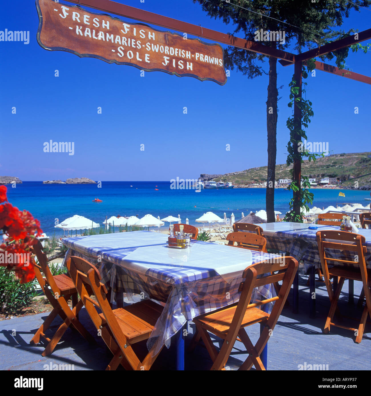 BEACH TAVERNA LINDOS RHODES GREECE Stock Photo - Alamy