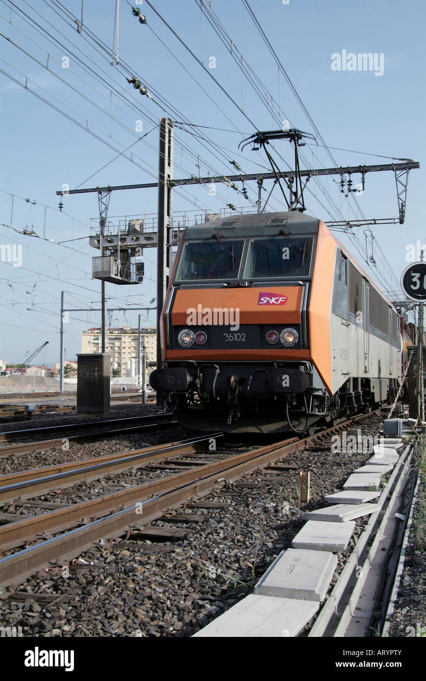 track rail line electric electricity power Stock Photo - Alamy