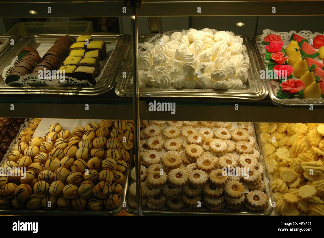 A display of Cream Cakes and marzipan Stock Photo - Alamy