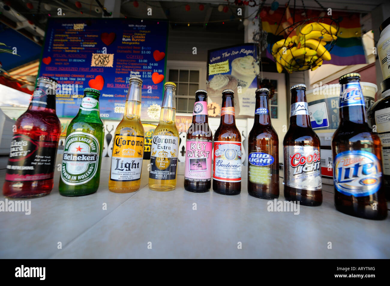 Key West Florida Bottles of Beer lined up on open air outside bar Stock ...