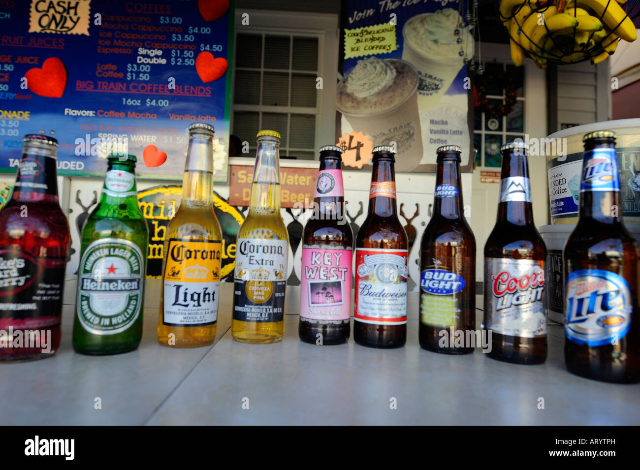 Key West Florida Bottles of Beer lined up on open air outside bar Stock ...