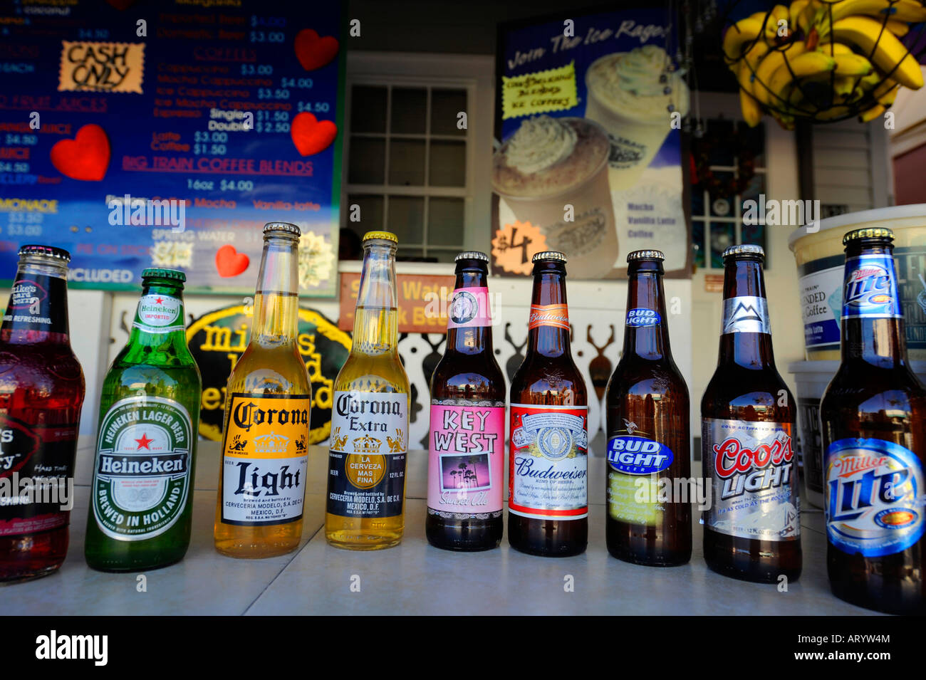 Key West Florida Bottles of Beer lined up on open air outside bar Stock ...