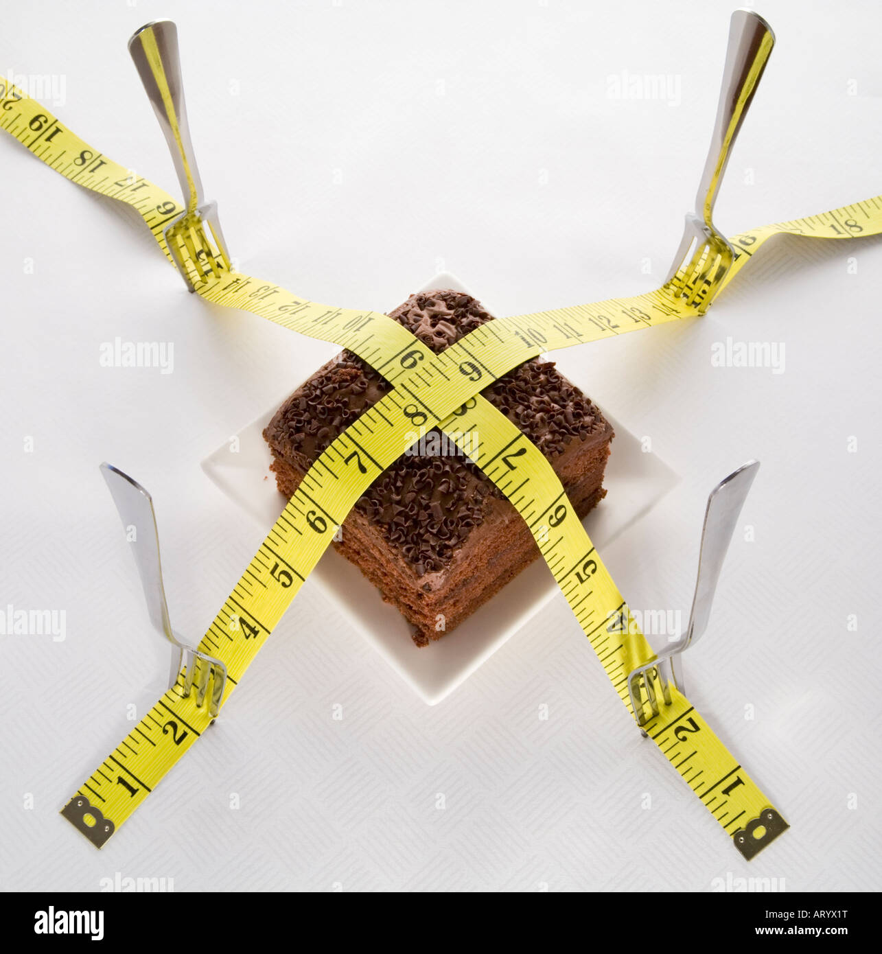 Chocolate cake held down with a tape measure top view Stock Photo - Alamy