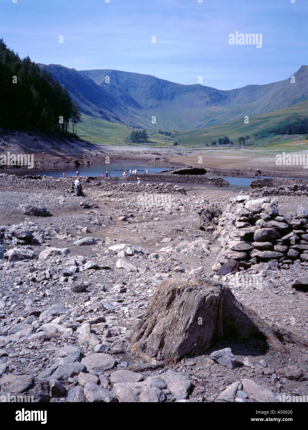 Exposed drowned village of Mardale (summer 1995), Haweswater reservoir ...