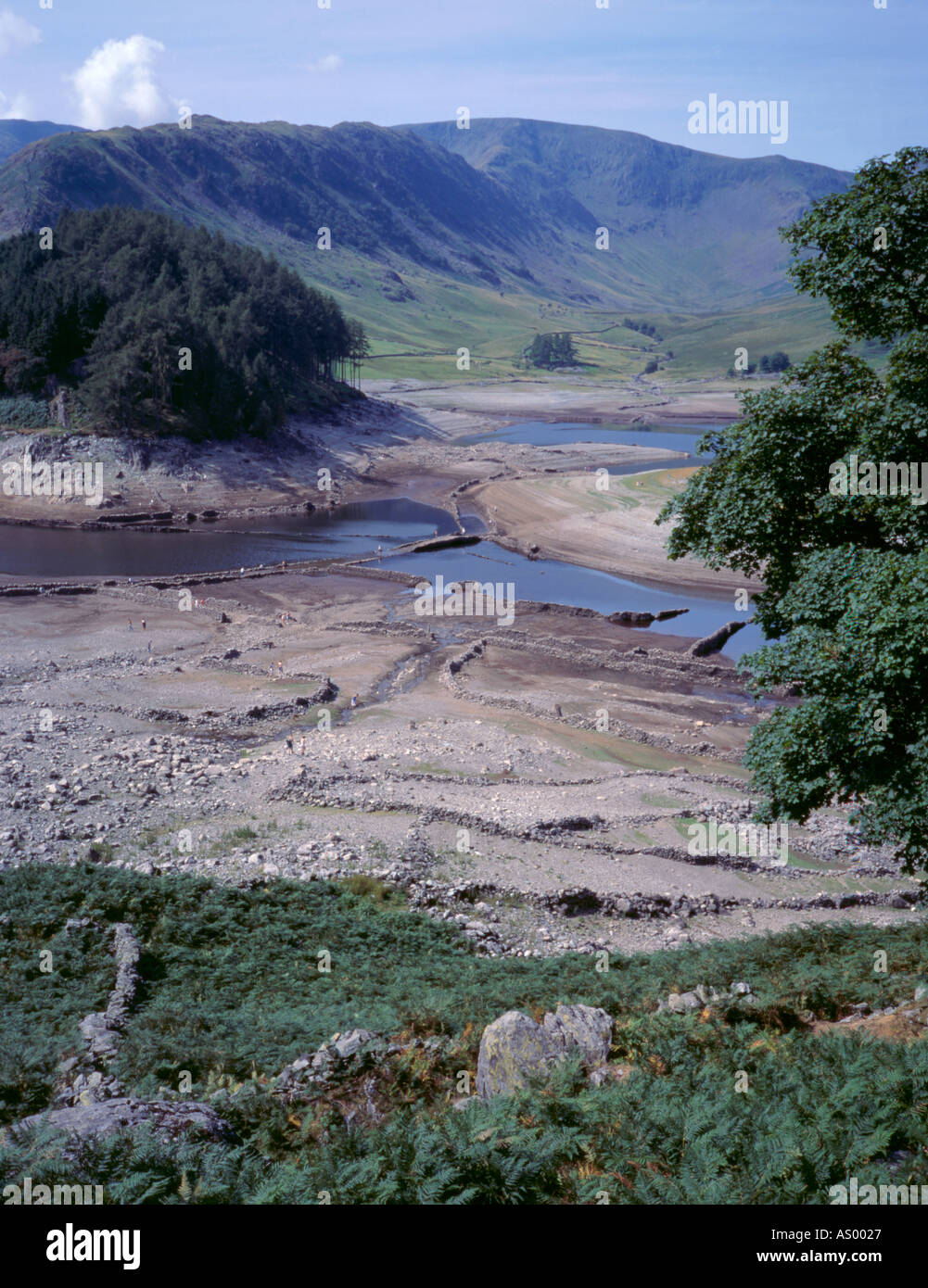Exposed drowned village of Mardale (summer 1995), Haweswater reservoir ...