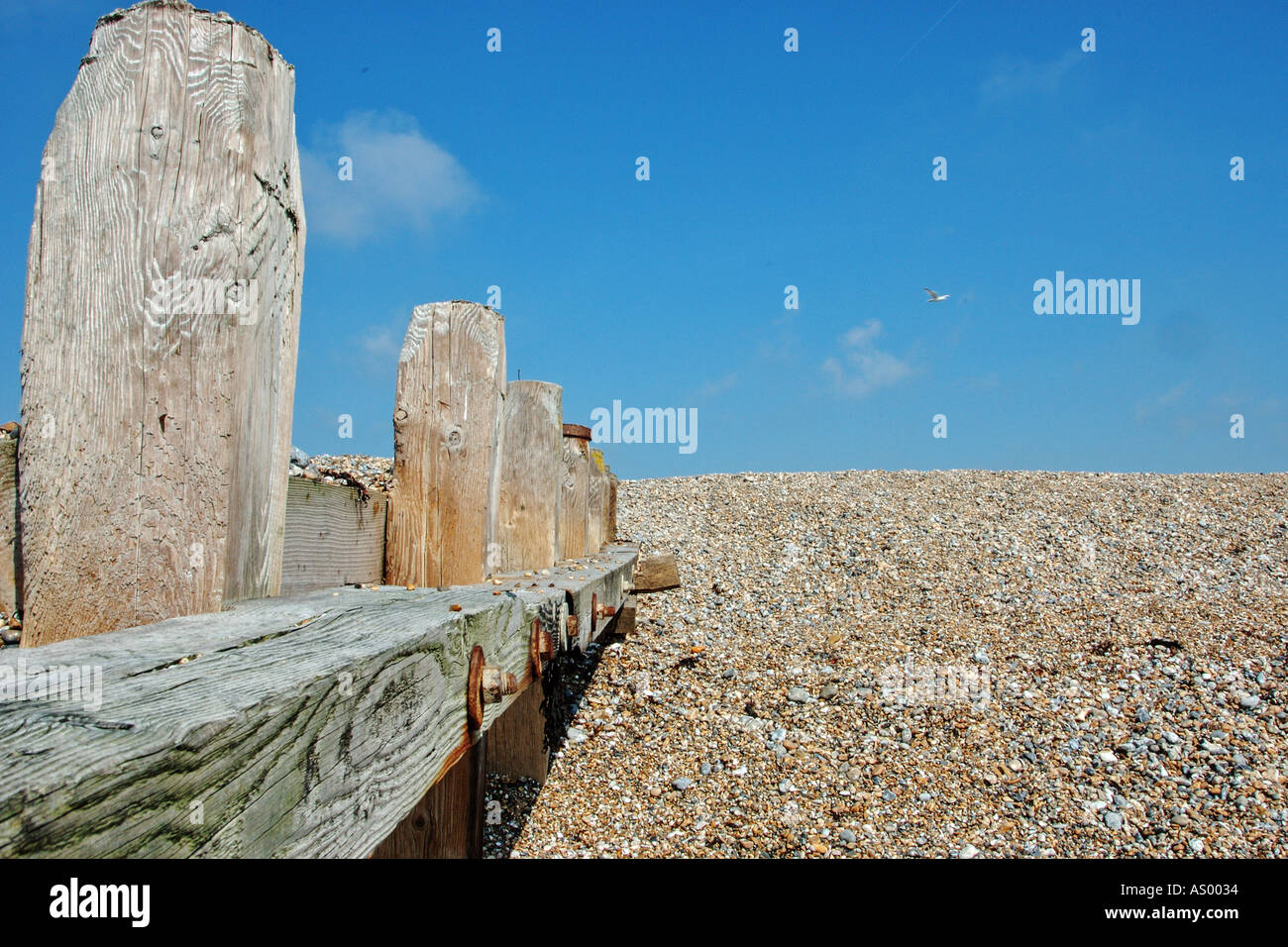 Wooden groynes on a pebbly beach with summery sky Stock Photo - Alamy