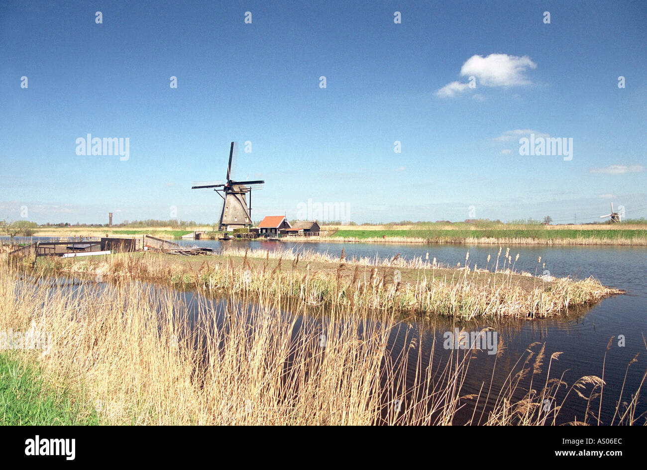 Typical Dutch polder landscape with water and 18th century windmill ...
