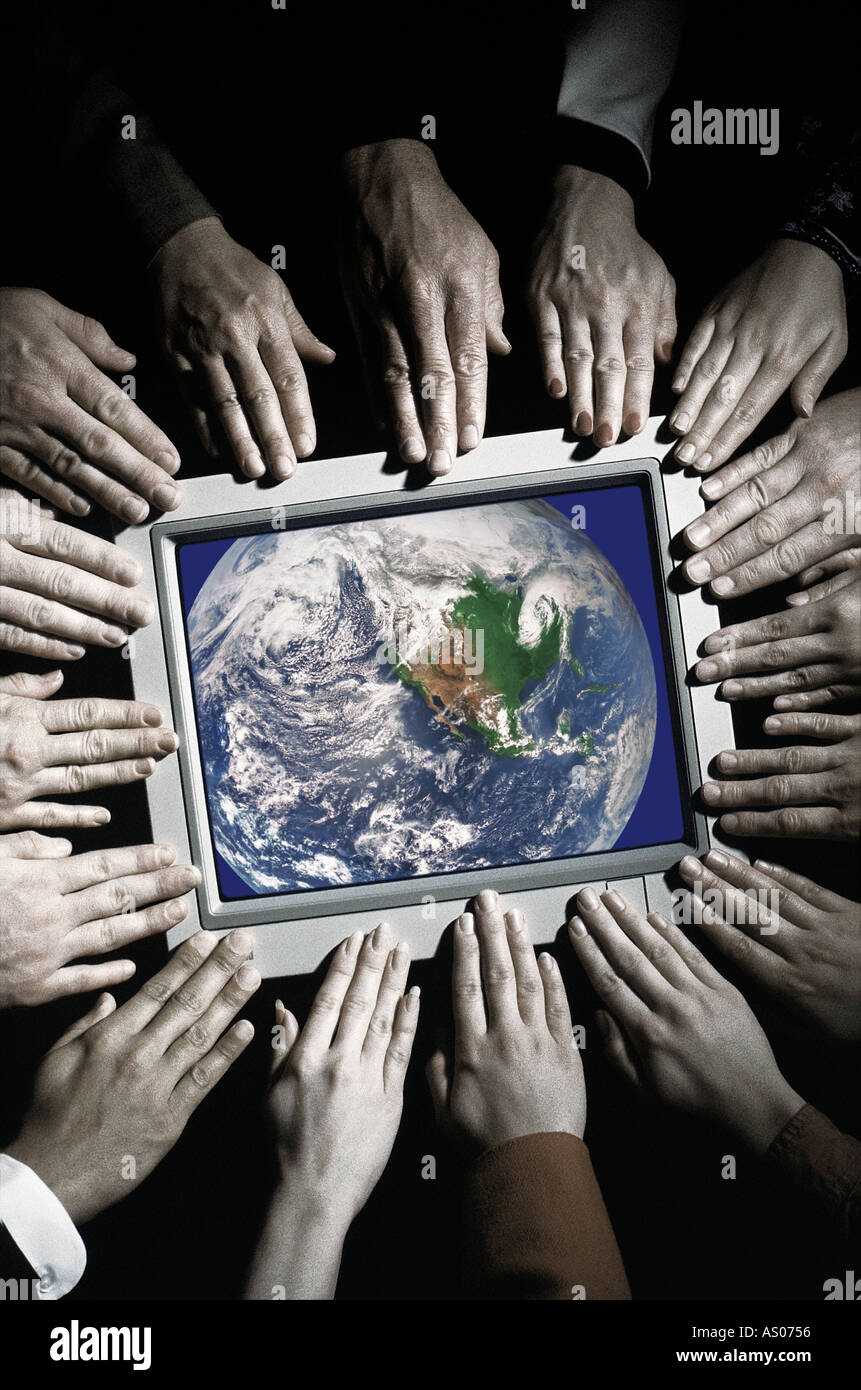 Hands around computer monitor Stock Photo - Alamy