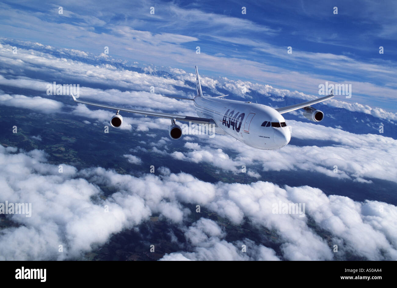 passenger aircraft in flight Airbus A340 civil aircraft above cloud ...