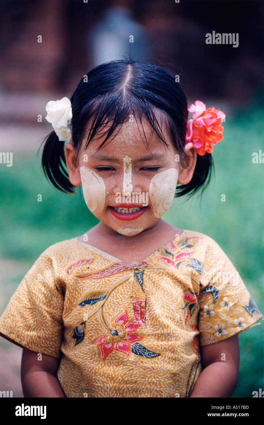 Myanmar Burma Bagan Young Girl Smiling With Traditional Face Markings ...