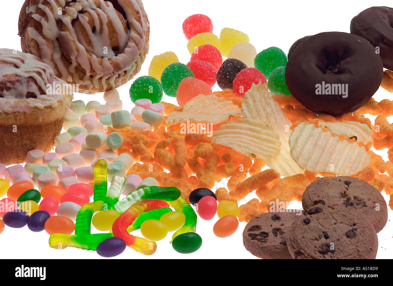 Assorted junk food silhouetted on white background Stock Photo - Alamy