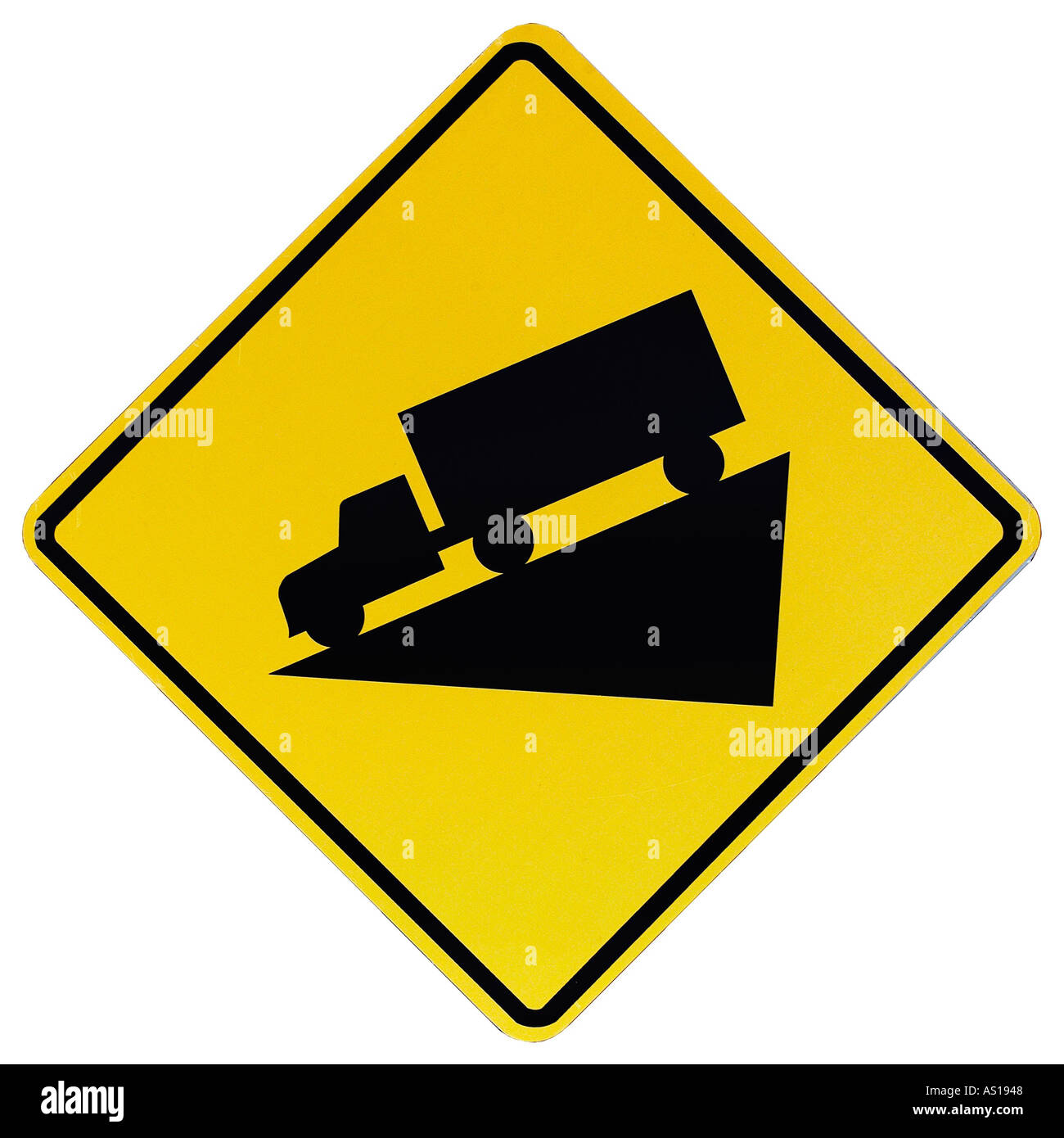Downward Hill street sign silhouetted on white background Stock Photo ...