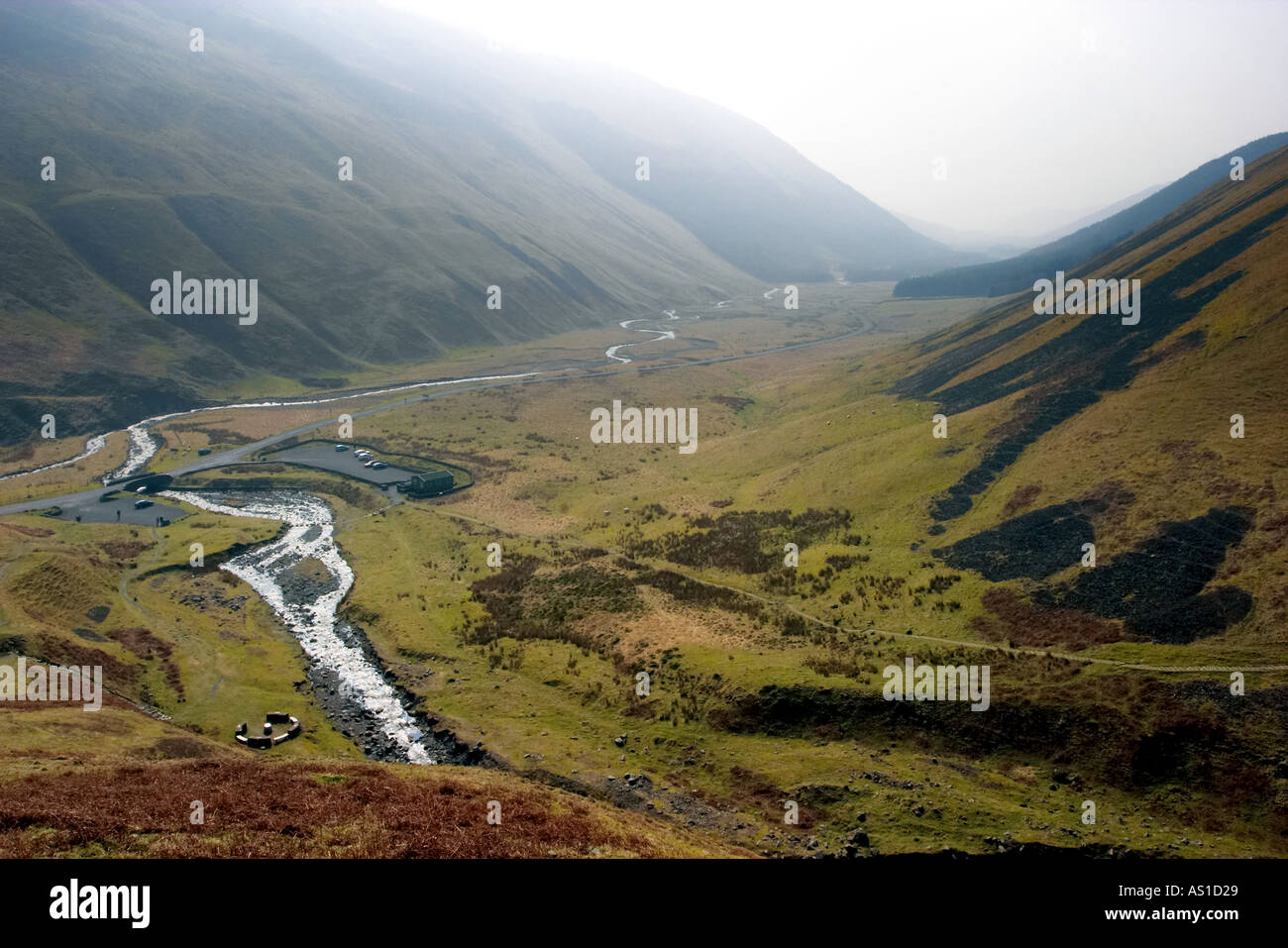 Scenic view of the valley below the Grey Mares Tail. The Scottish ...