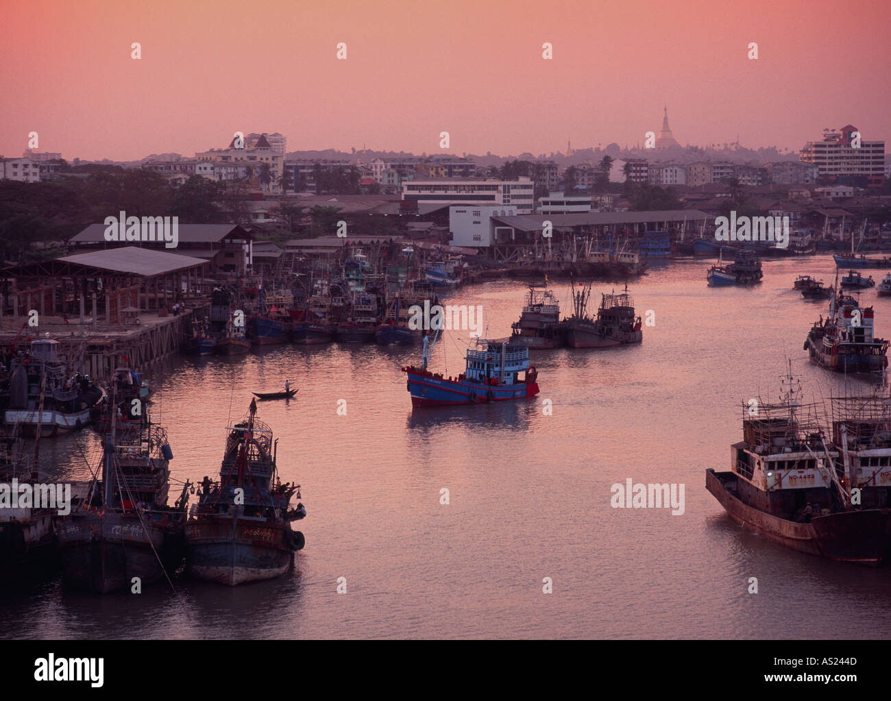 Myanmar Burma Yangon Rangon view at dusk from the Mahabandoola bridge ...