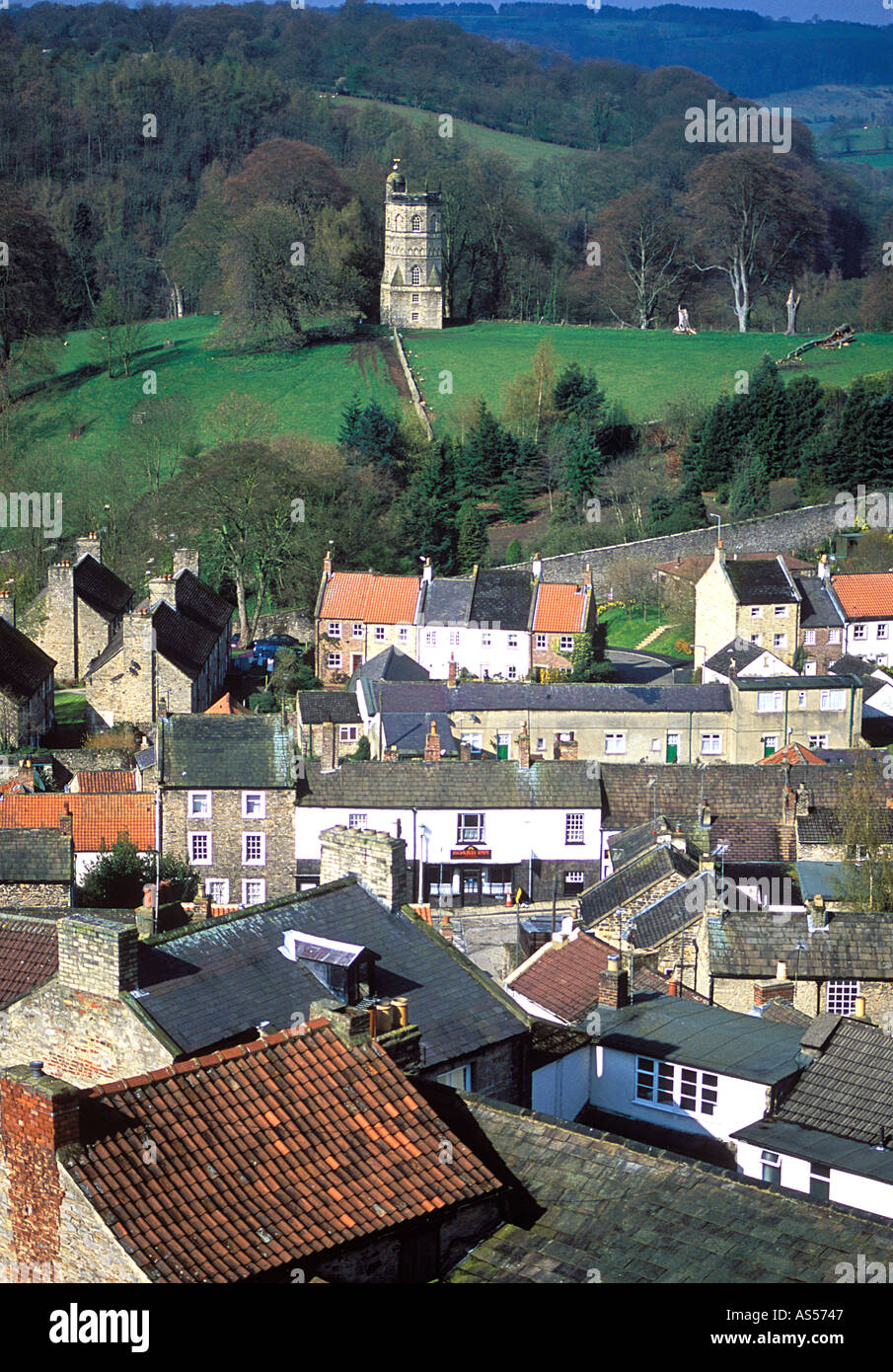 Distant view of Culloden Tower over the roof tops of Richmond Yorkshire ...