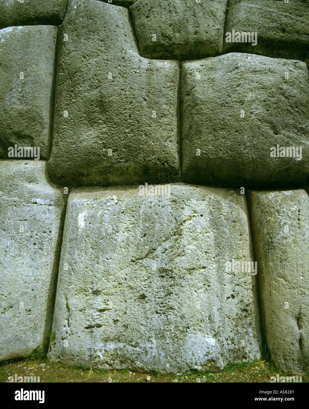 Close up section of fitted stonework in inca built wall at Sacsahuaman ...