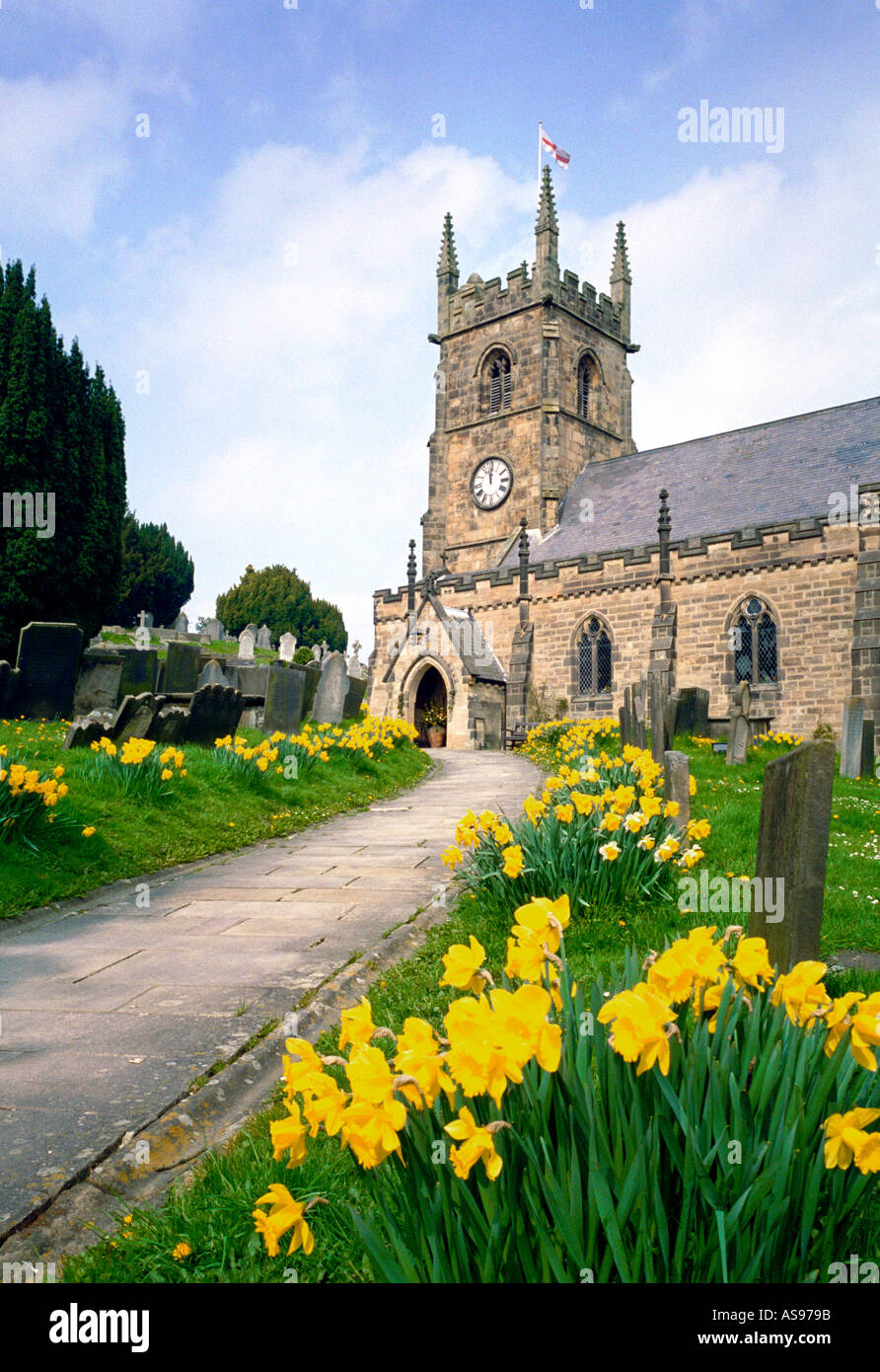 St Giles Church in Matlock Derbyshire England with daffodils in the ...