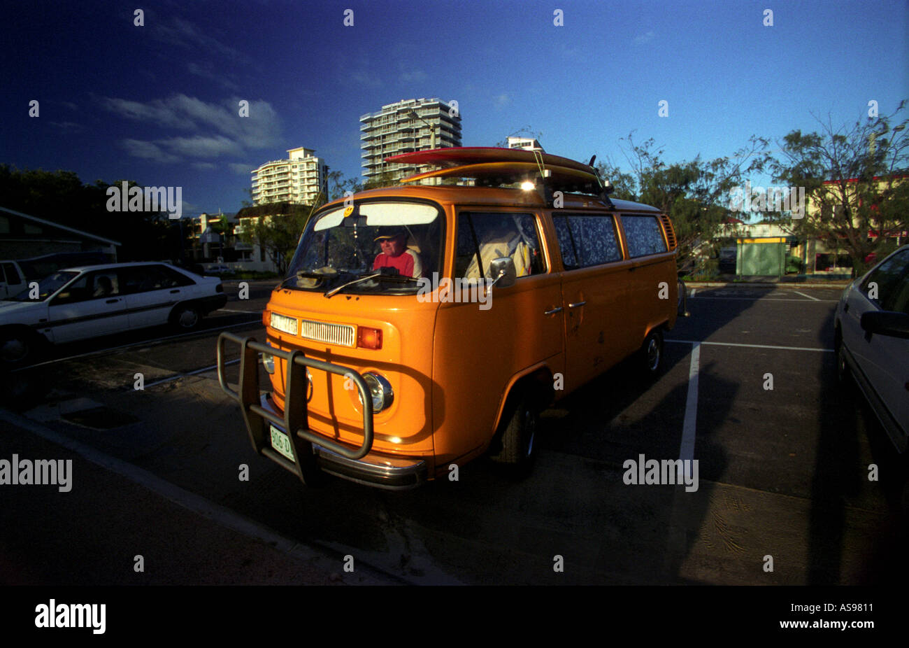 orange VW Kombi Combi van Maroochydore beach car park Sunshine coast ...