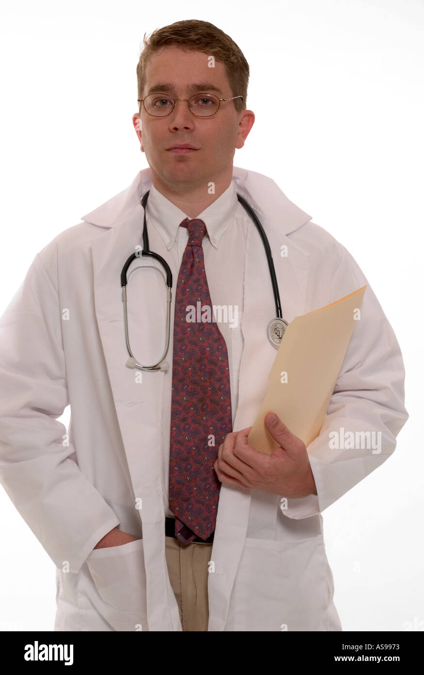 Caucasian male general practitioner wearing glasses, white coat with ...