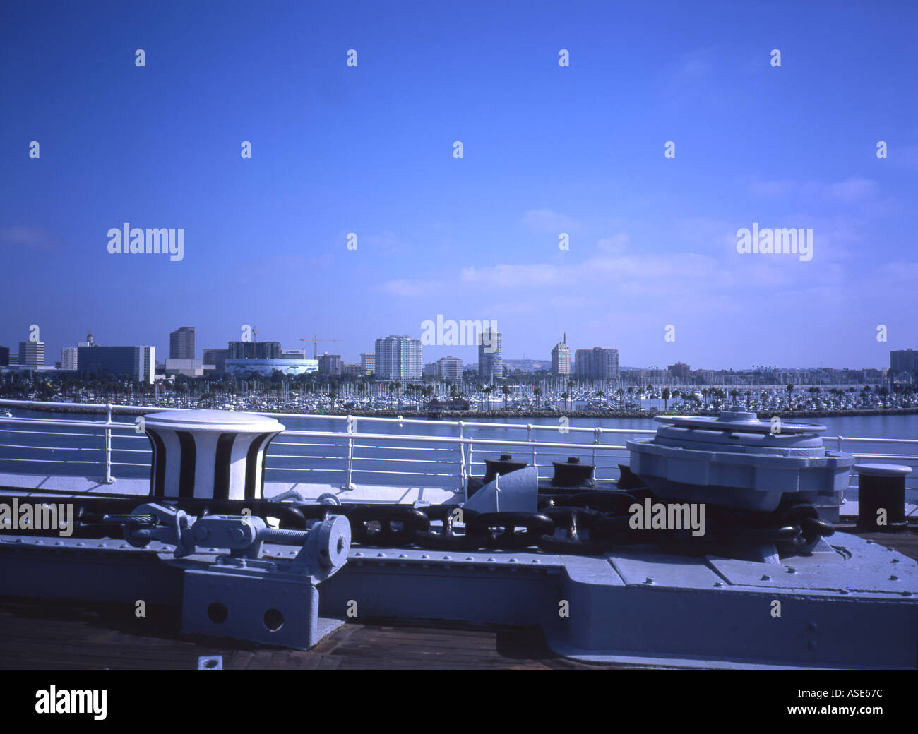 City of Long Beach seen from the bow of the Queen Mary ocean liner ...