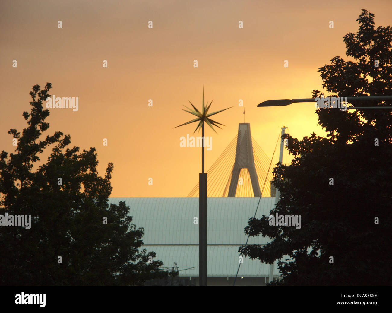 Silhouette of the Glebe Island Bridge as seen from Bridge Street Sydney ...