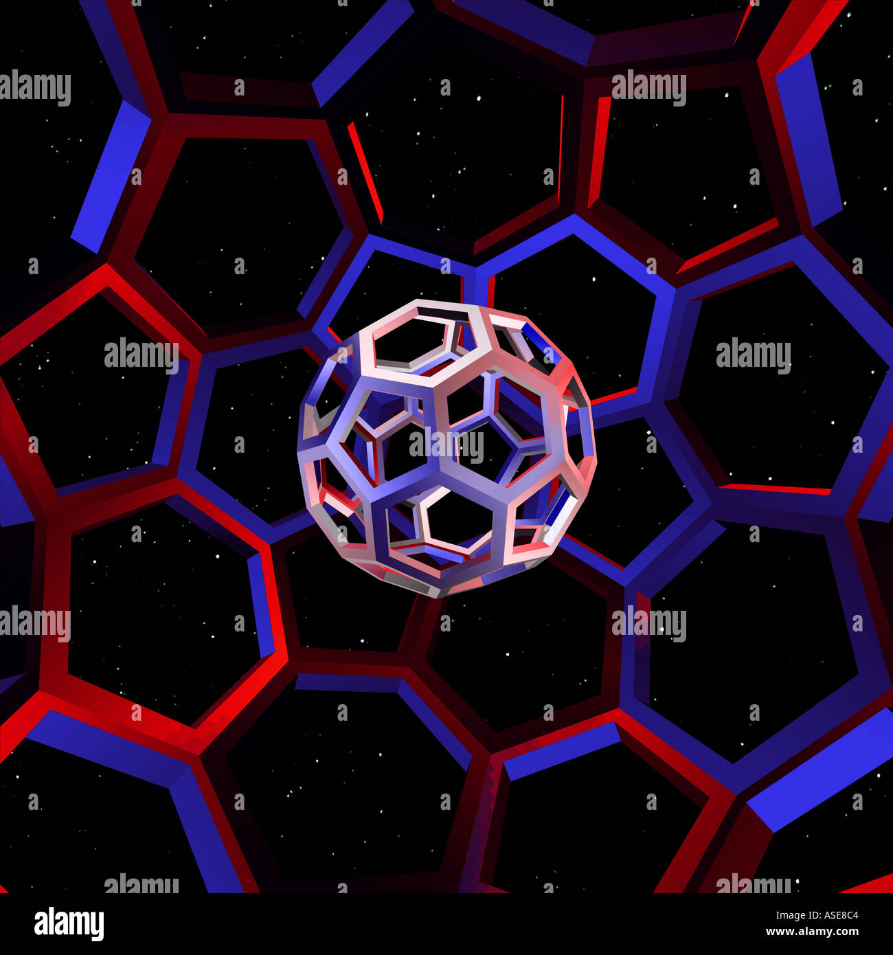 Imaginary view of a carbon atom ball inside another so called fullerine ...