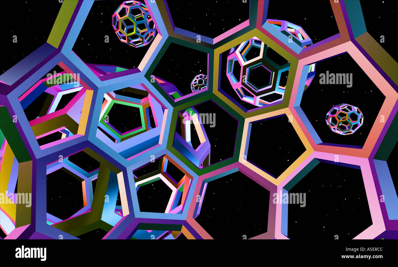 A cluster of carbon atom balls seen from the inside of one of them ...