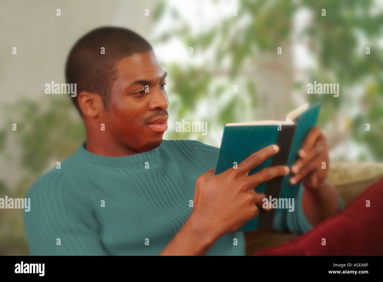 African American man reading a book on the couch Stock Photo - Alamy
